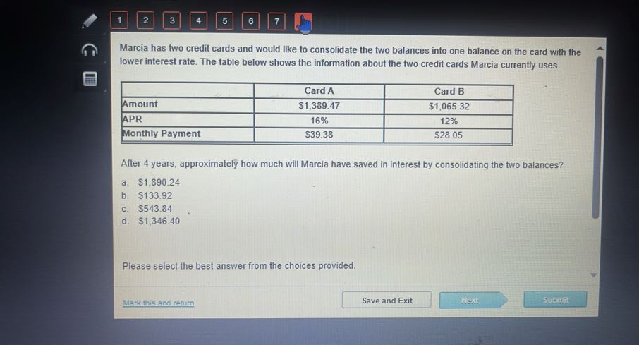 1 2 3 4 5 6 7 8 Br Marcia has two credit cards and would like to ...