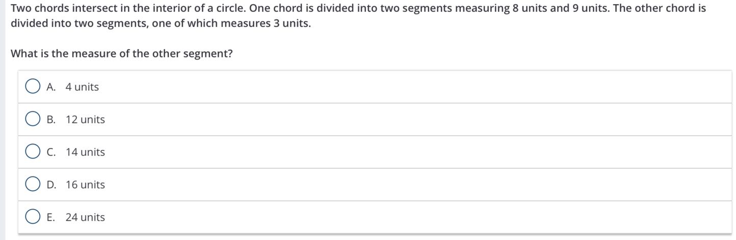 Two chords intersect in the interior of a circle. One chord is divided ...