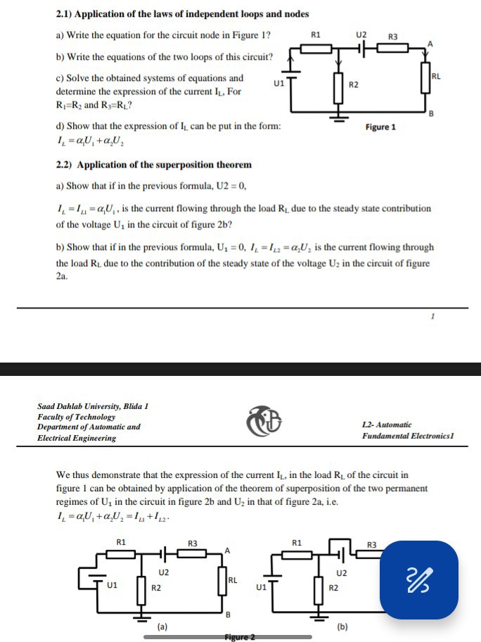 2.1) Application of the laws of independent loops and nodes a) Write the equation for the ...