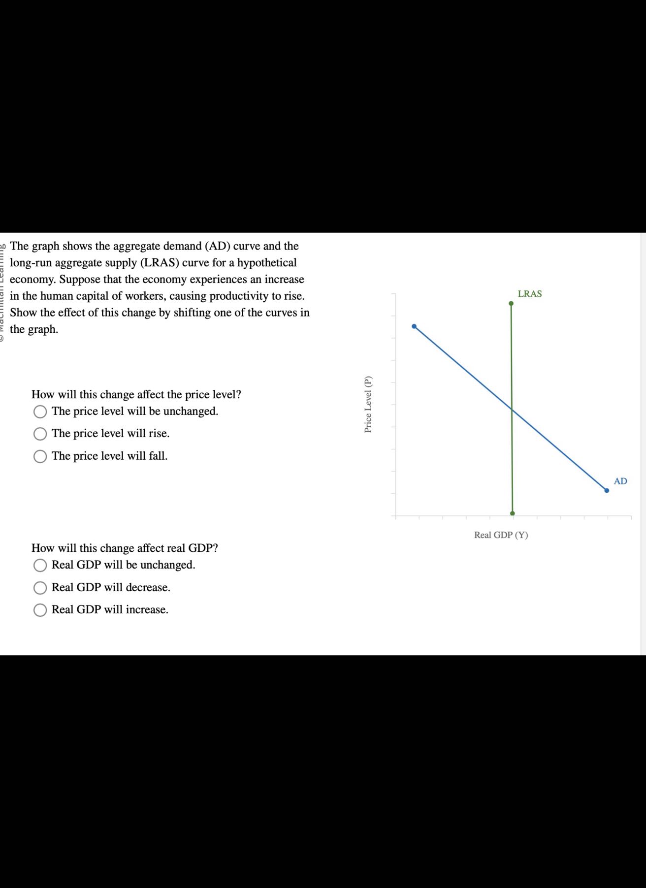 The graph shows the aggregate demand (AD) curve and the long-run aggregate supply (LRAS) curve ...