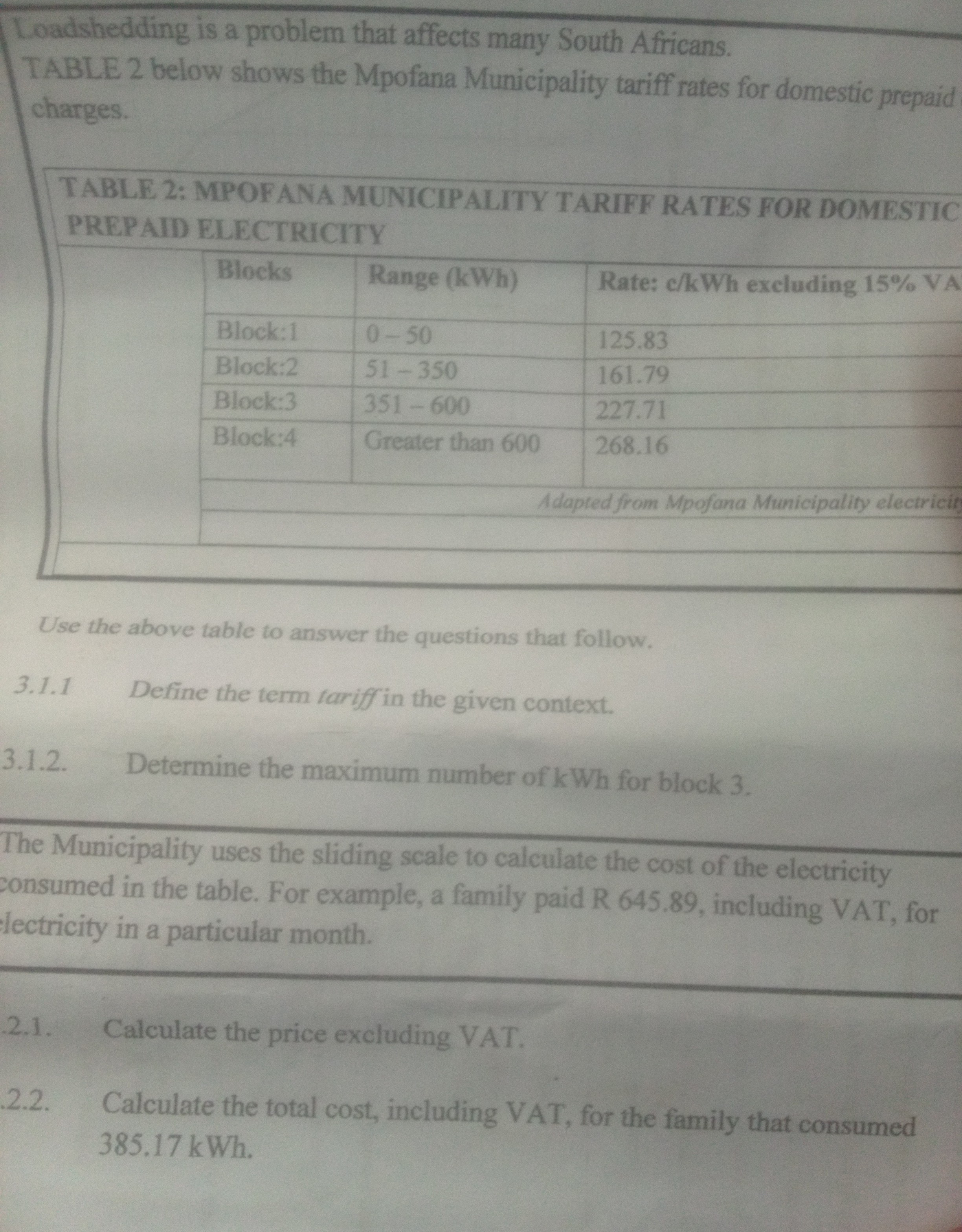 Loadshedding is a problem that affects many South Africans. TABLE 2 below shows the Mpofana ...