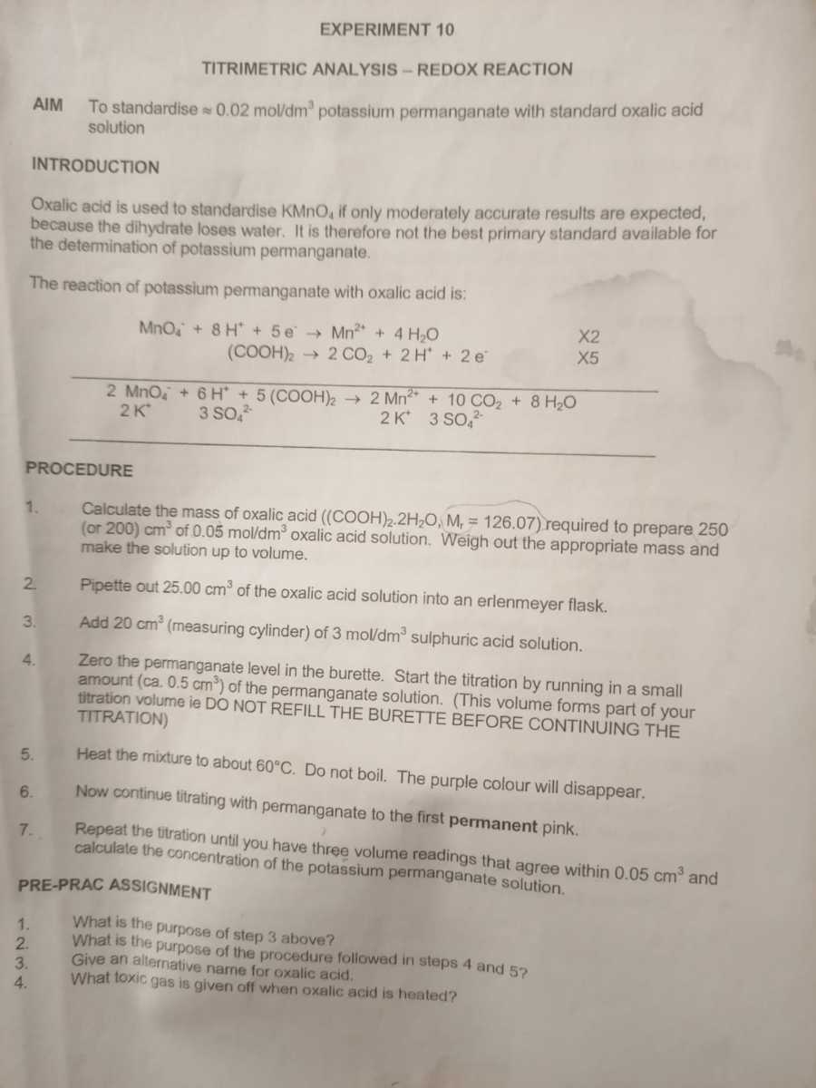 experiment 10 titrimetric analysis redox reaction aim to standardise approx 002 mathrmmol ...