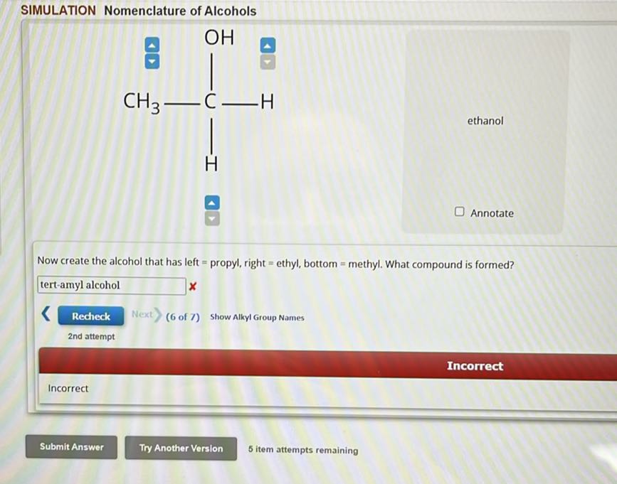 SIMULATION Nomenclature of Alcohols ethanol Annotate Now create the ...
