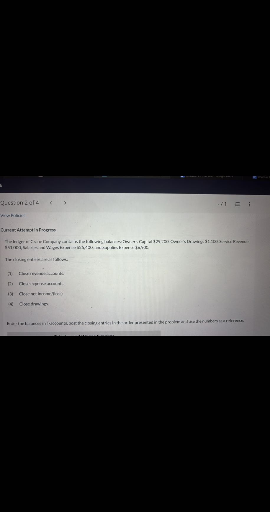 question 2 of 4 1 view policies current attempt in progress the ledger of crane company contains ...