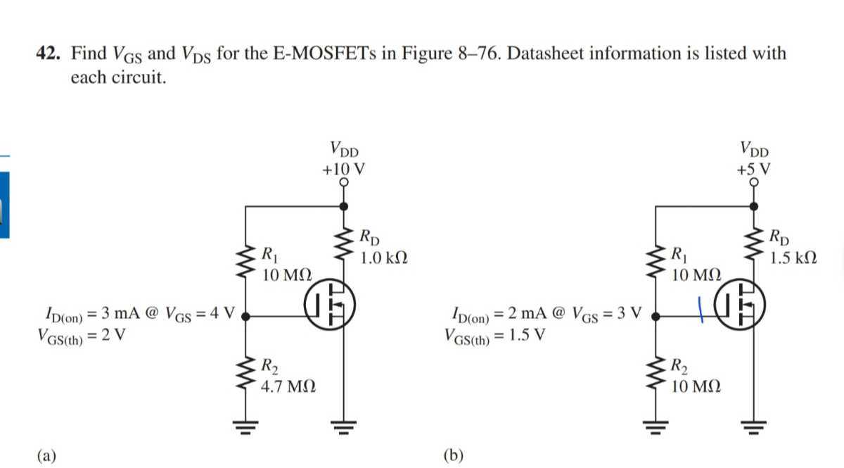 42. Find VGS and VDS for the E-MOSFETs in Figure 8-76. Datasheet ...