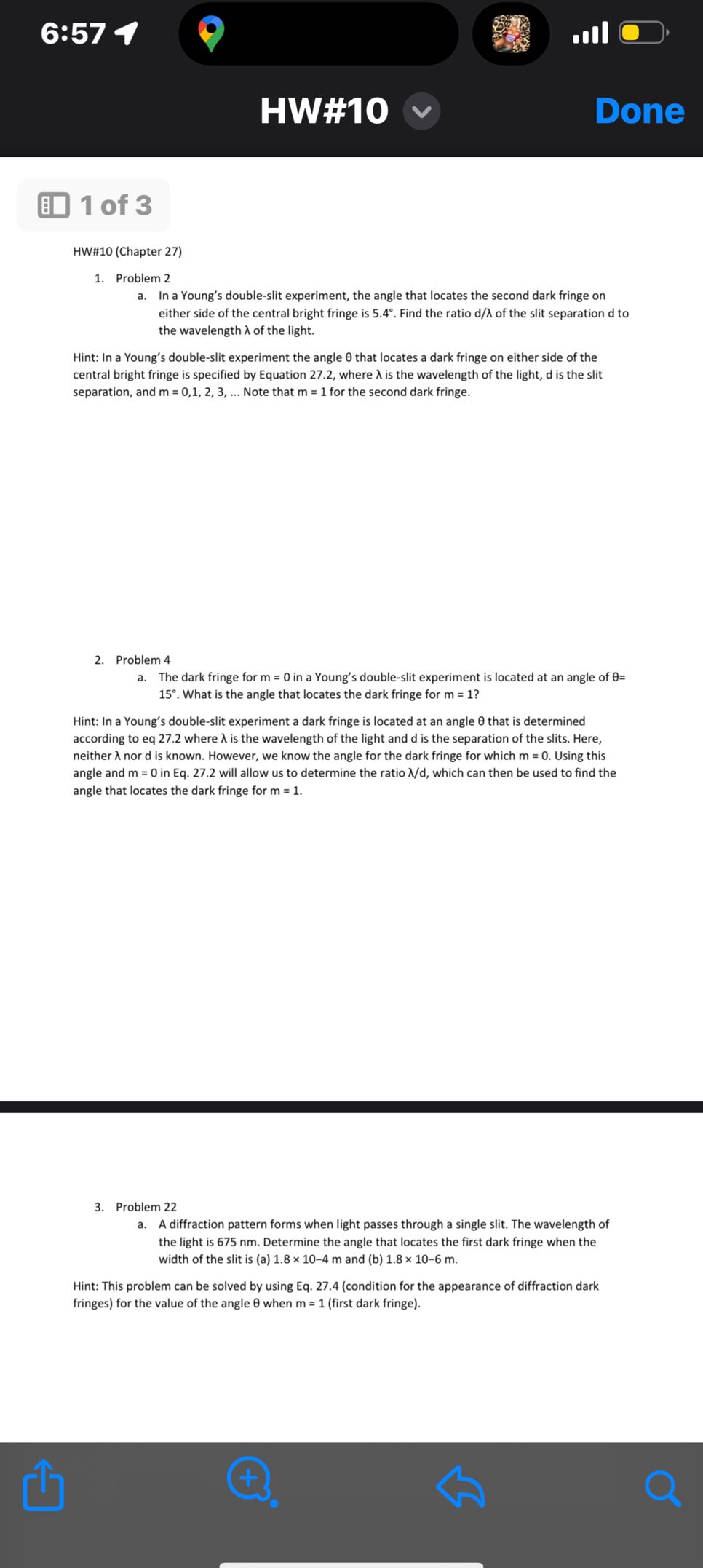 657 7 hw10 done 1 of 3 hw10 chapter 27 1 problem 2 a in a youngs double slit experiment the ...