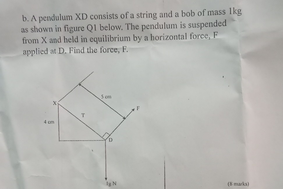 b. A pendulum XD consists of a string and a bob of mass 1 kg as shown ...