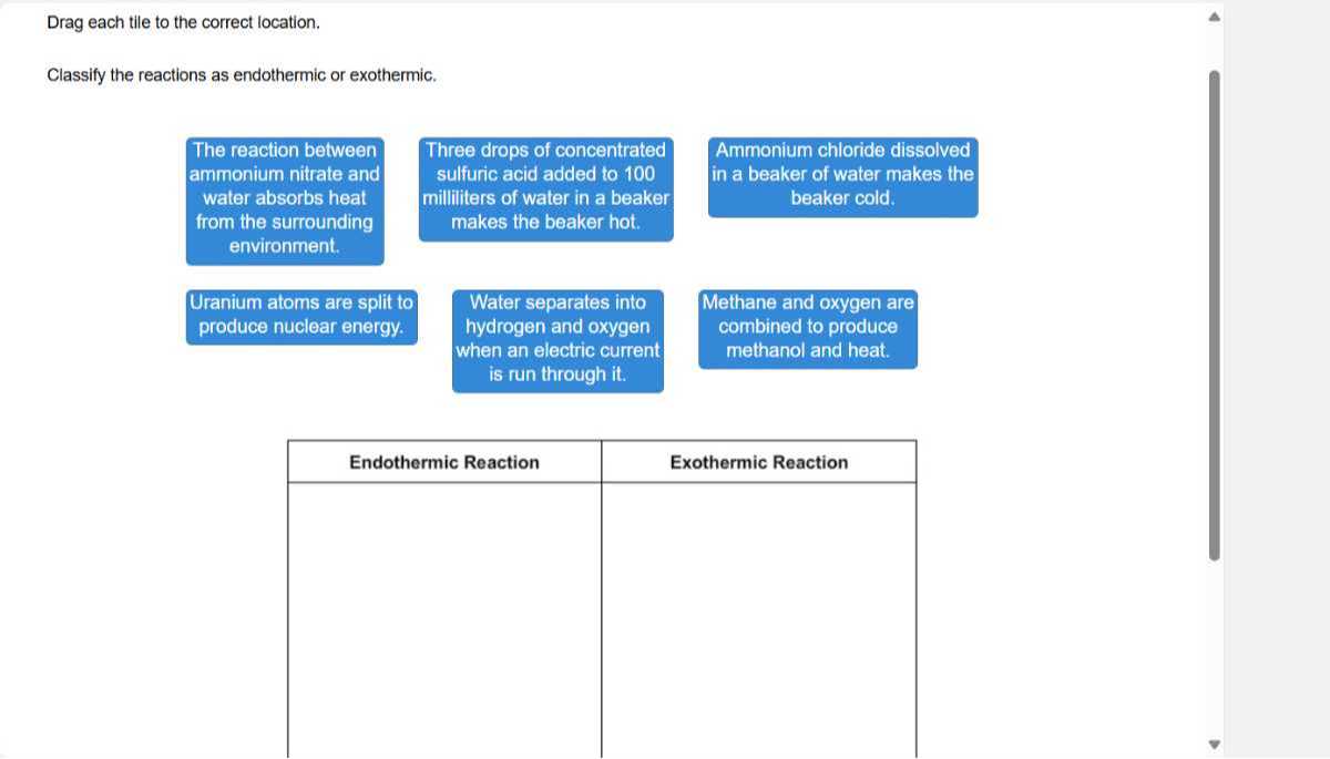 Drag each tile to the correct location. Classify the reactions as endothermic or exothermic. The ...