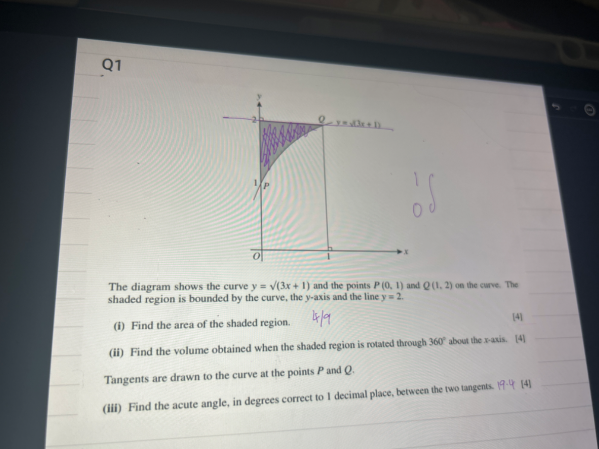 Q1 The diagram shows the curve y=√()(3 x+1) and the points P(0,1) and Q(1,2) on the curve. The ...