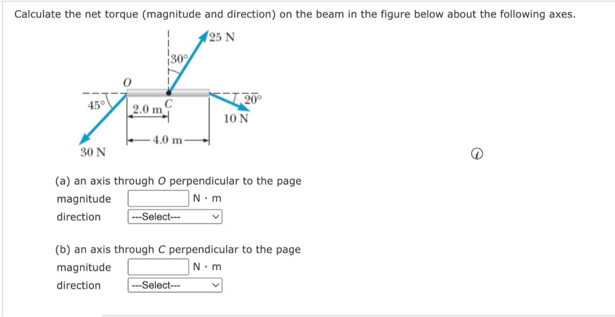 Calculate the net torque (magnitude and direction) on the beam in the figure below about the ...