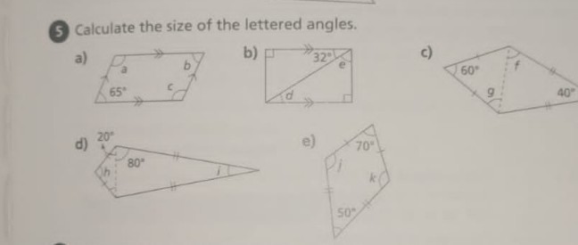 (5) Calculate the size of the lettered angles. a) b) c) d) e)