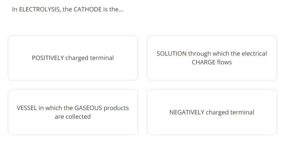 In ELECTROLYSIS, the CATHODE is the... POSITIVELY charged terminal ...
