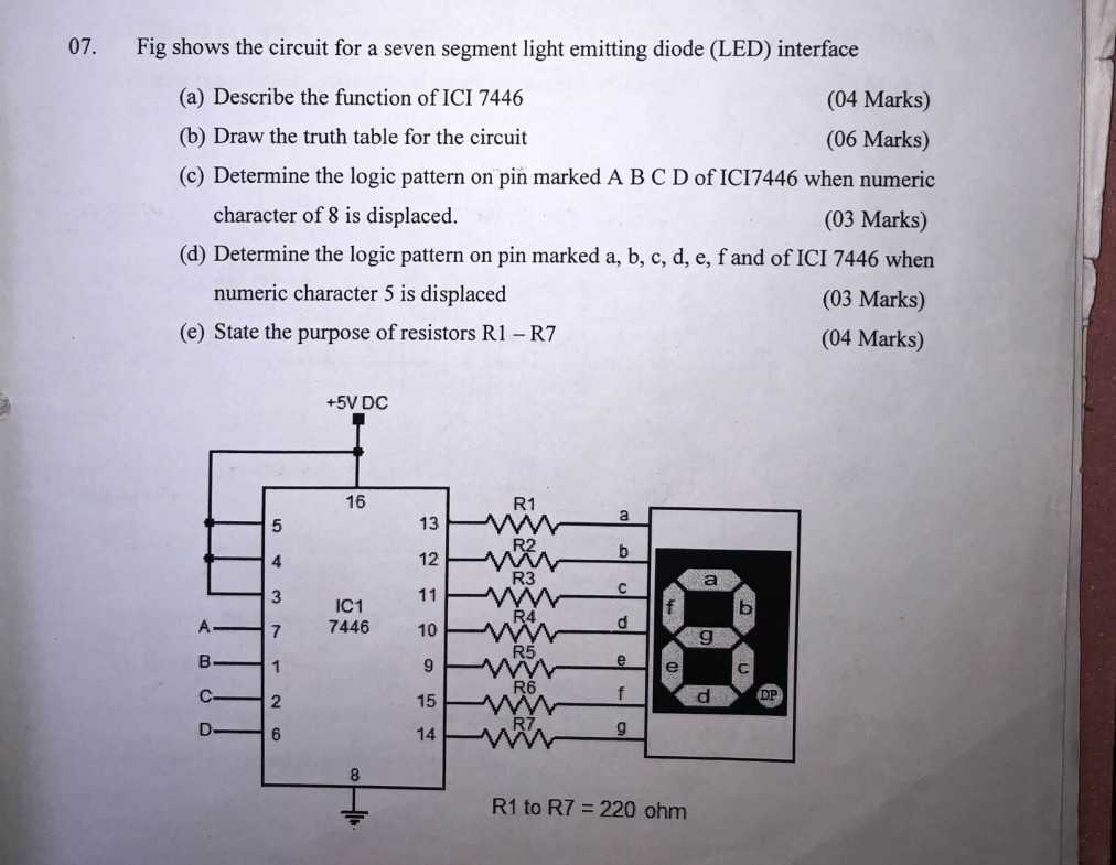 07. Fig shows the circuit for a seven segment light emitting diode (LED ...