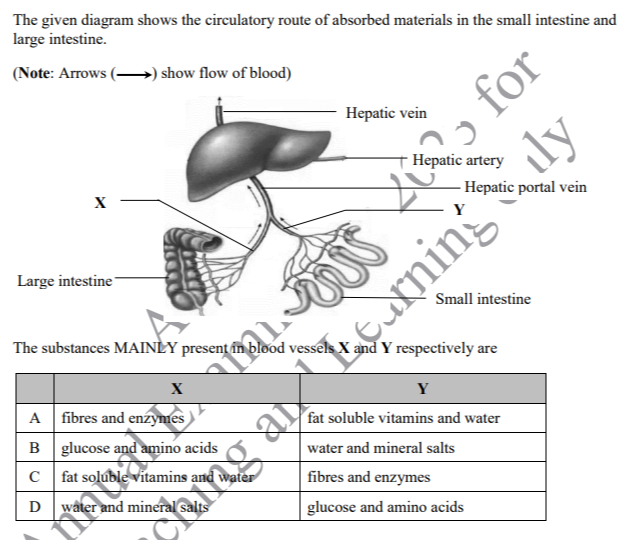 The given diagram shows the circulatory route of absorbed materials in ...