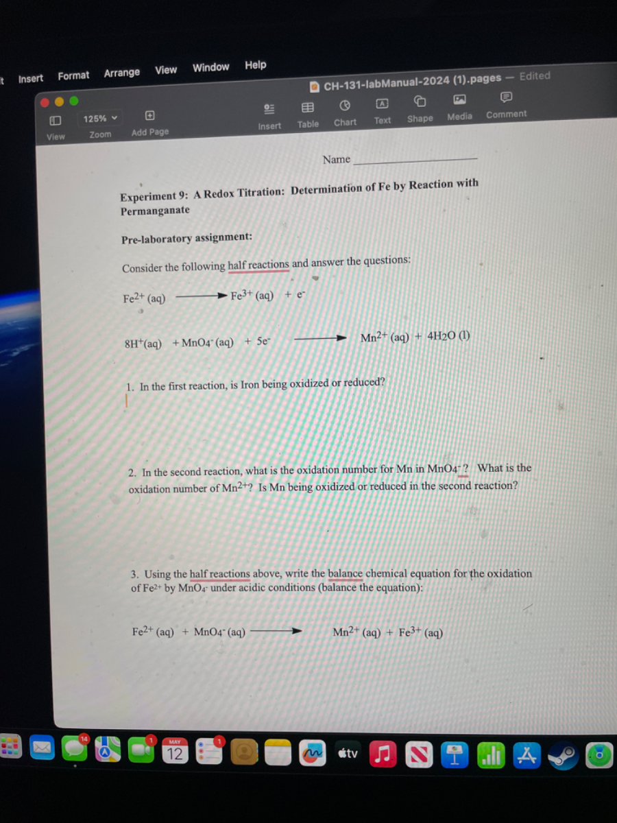 SOLVED: Insert Format Arrange View Window Help Experiment 9: A Redox Titration: Determination of ...