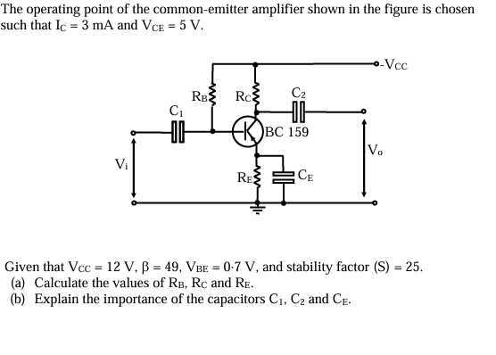 The operating point of the common-emitter amplifier shown in the figure is chosen such that IC=3 ...