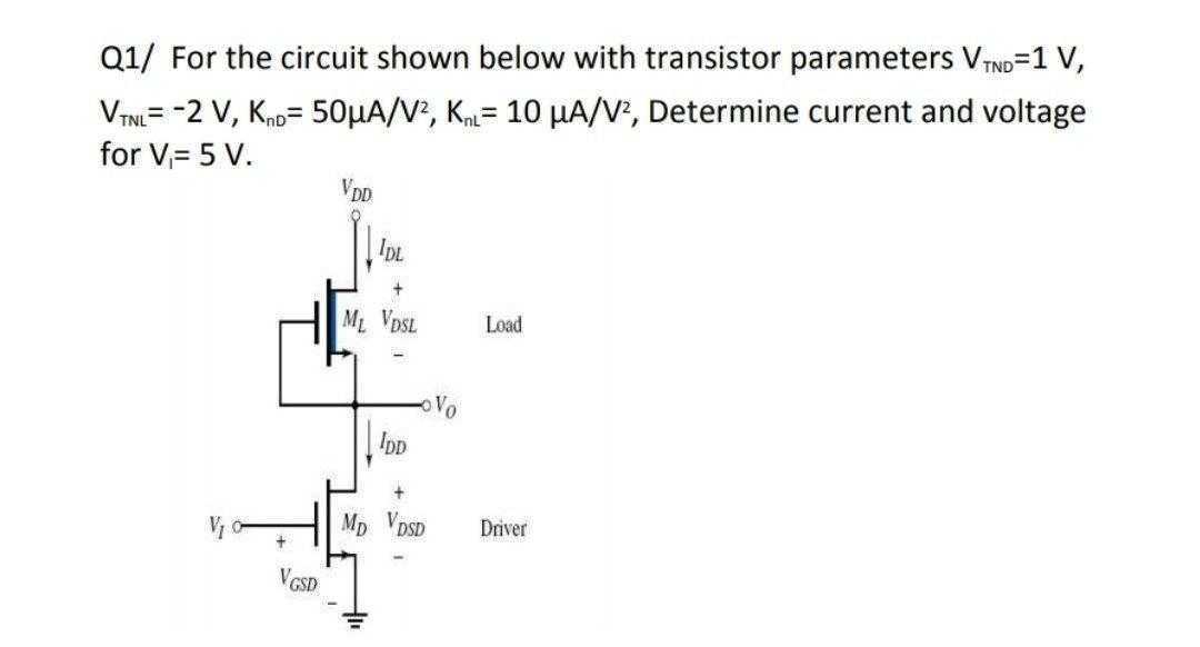 Q1/ For the circuit shown below with transistor parameters VTND=1 V, VTNL=-2 V, KnD=50 μA / V^2 ...