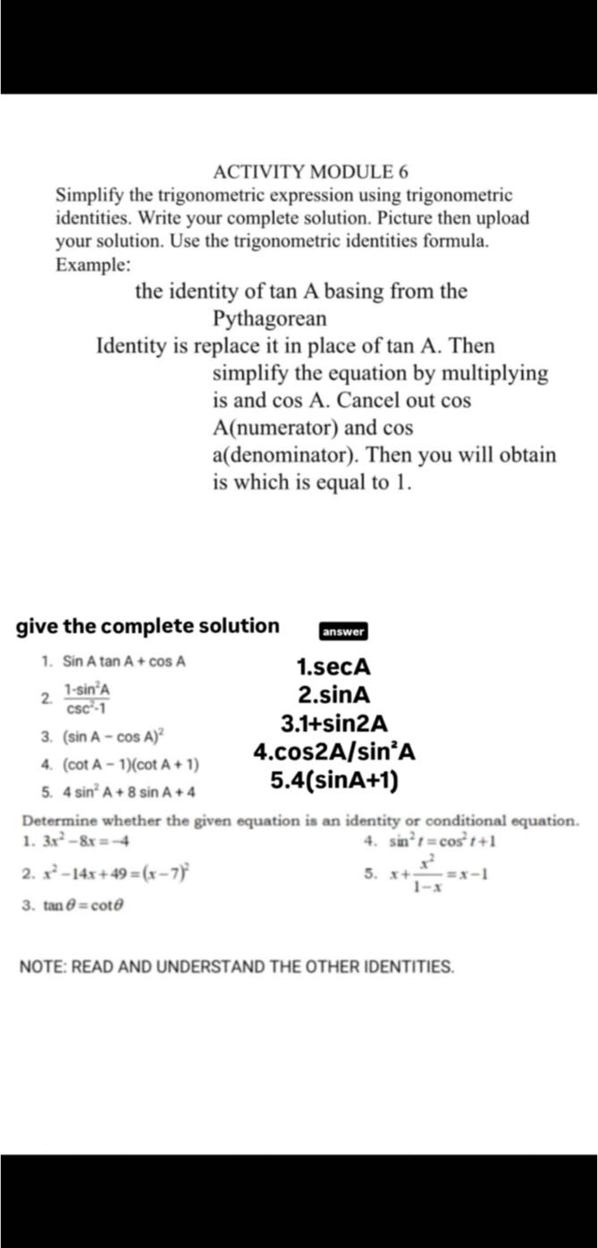 activity module 6 simplify the trigonometric expression using trigonometric identities write ...