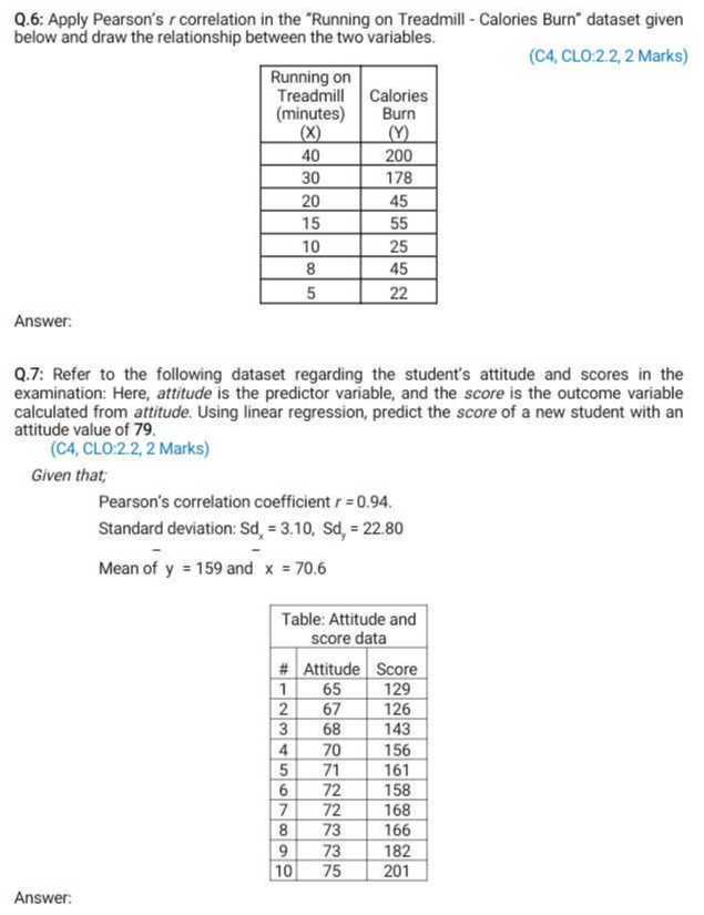 q6 apply pearsons r correlation in the running on treadmill calories burn dataset given below ...