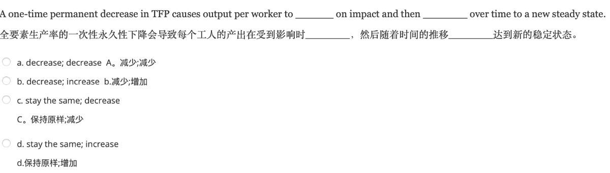 A one-time permanent decrease in TFP causes output per worker to on ...
