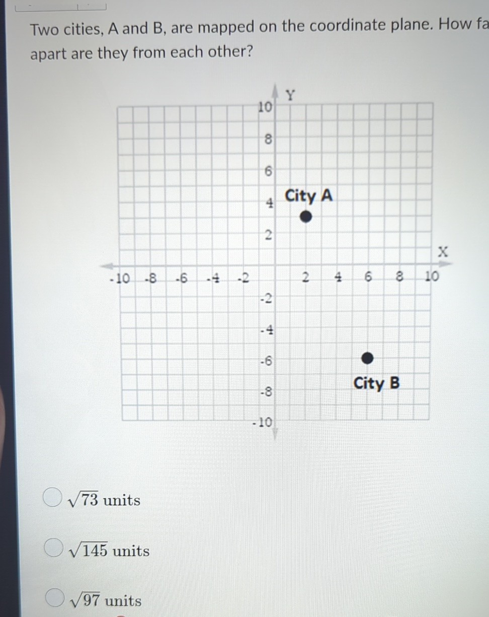 Two cities, A and B, are mapped on the coordinate plane. How fa apart ...