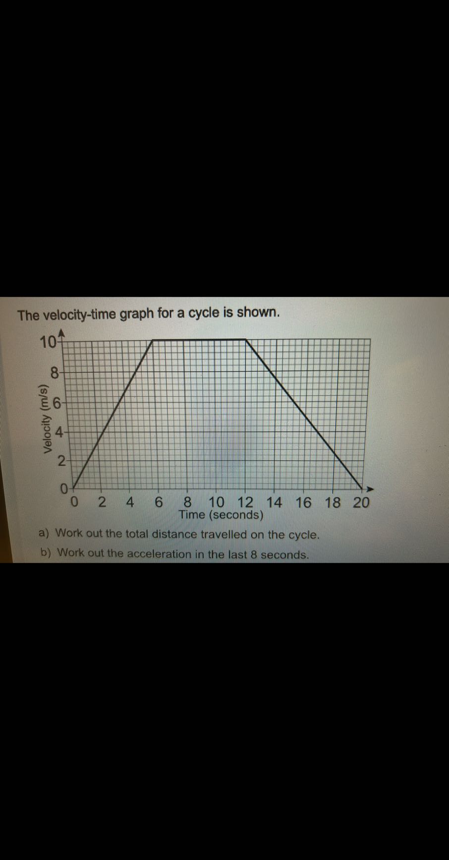 The velocity-time graph for a cycle is shown. a) Work out the total ...