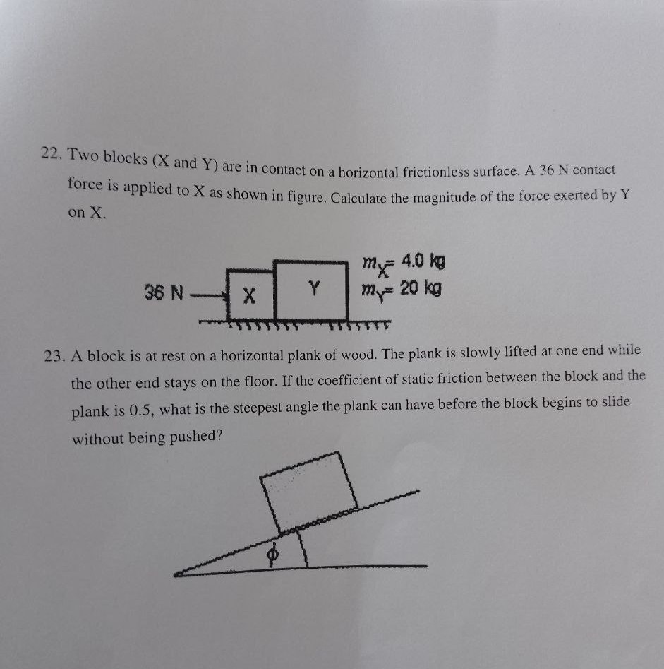 22. Two blocks ( X and Y ) are in contact on a horizontal frictionless ...