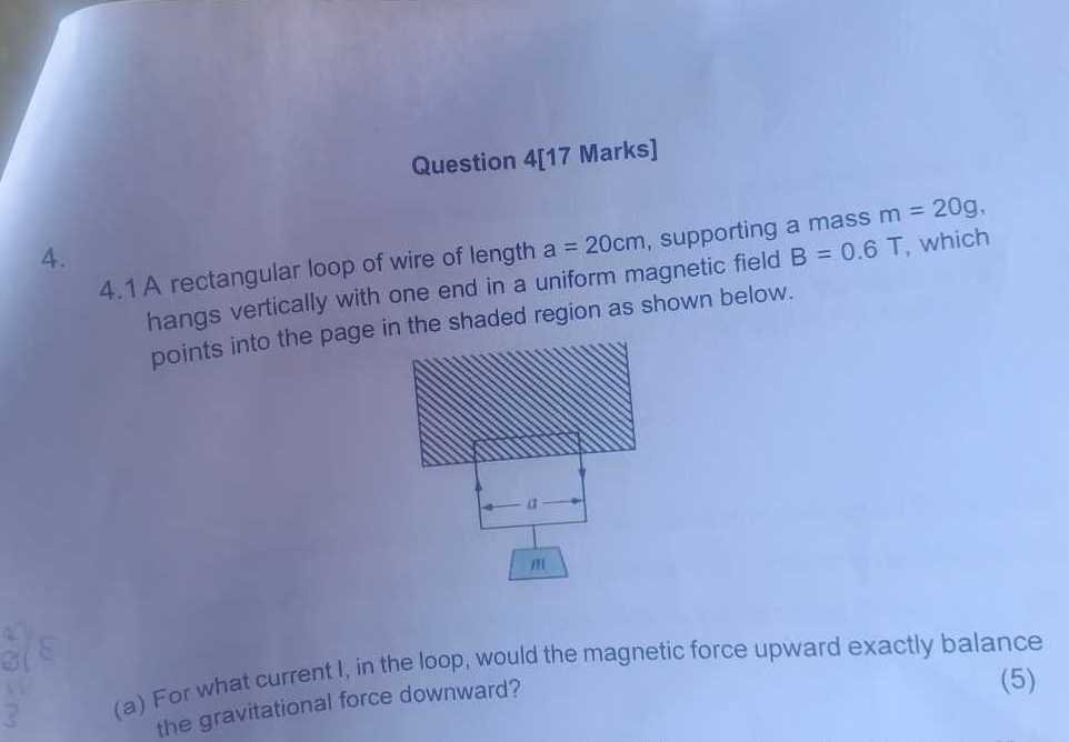 Question 4[17 Marks] 4. 4.1 A rectangular loop of wire of length a=20 cm, supporting a mass m=20 ...