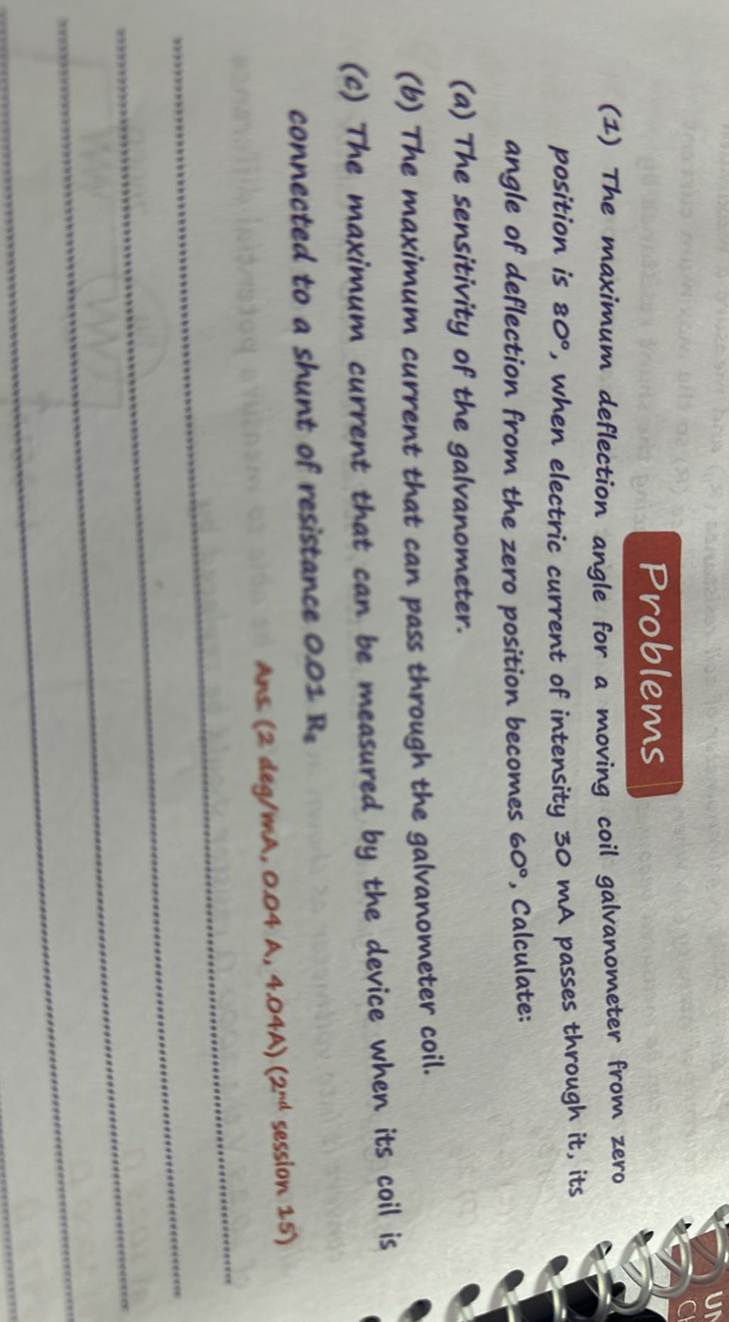 Problems (1) The maximum deflection angle for a moving coil ...