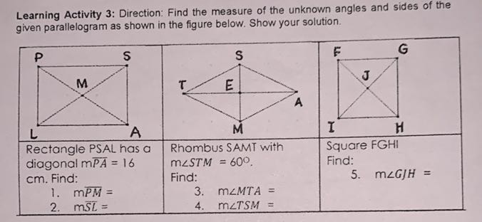 Learning Activity 3: Direction: Find the measure of the unknown angles and sides of the given ...