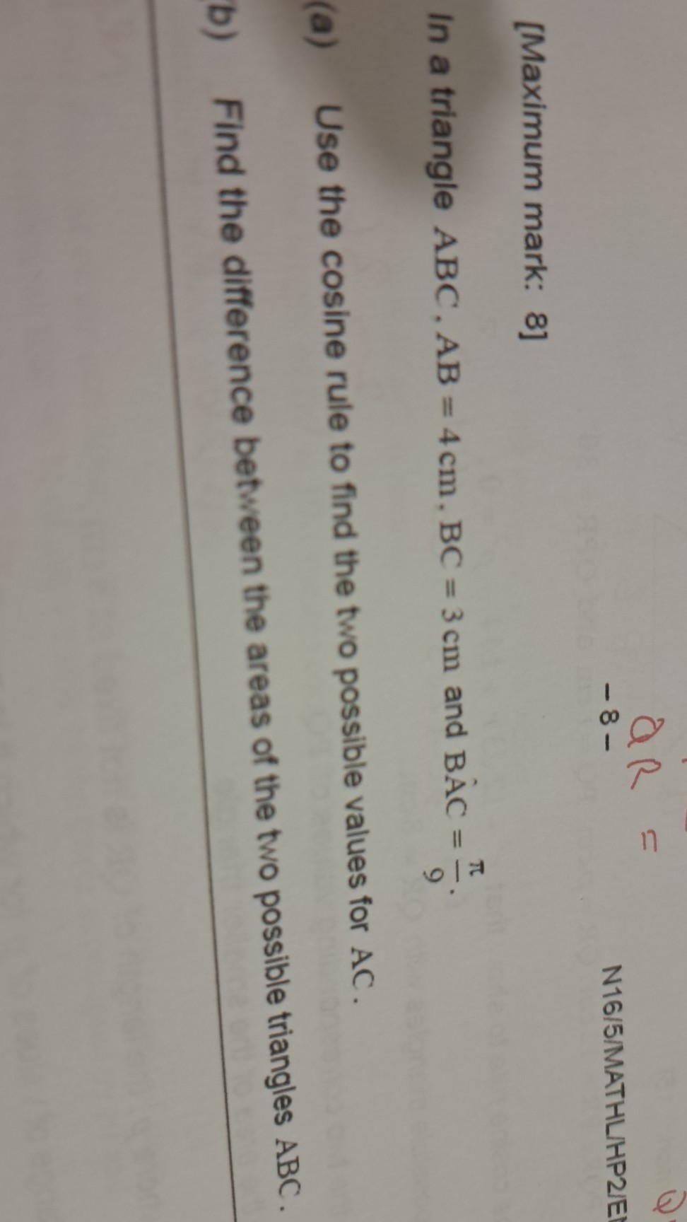 - 8 - N16/5/MATHL/HP2/E [Maximum mark: 8] In a triangle ABC, AB=4 cm ...
