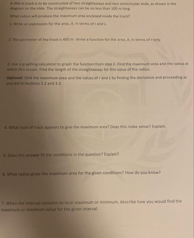 A 400-m track is to be constructed of two straightaways and two ...
