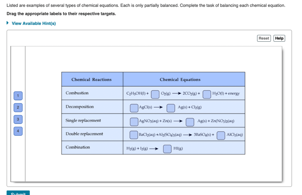 SOLVED: Listed are examples of several types of chemical equations ...