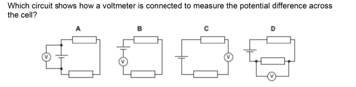 Which circuit shows how a voltmeter is connected to measure the potential difference across the ...
