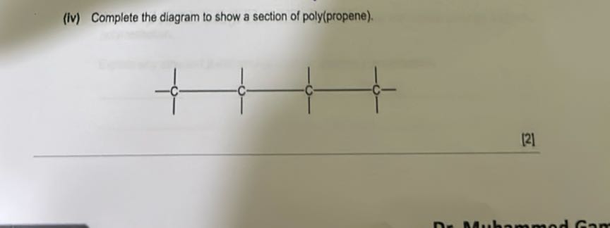 (iv) Complete the diagram to show a section of poly(propene). [2]