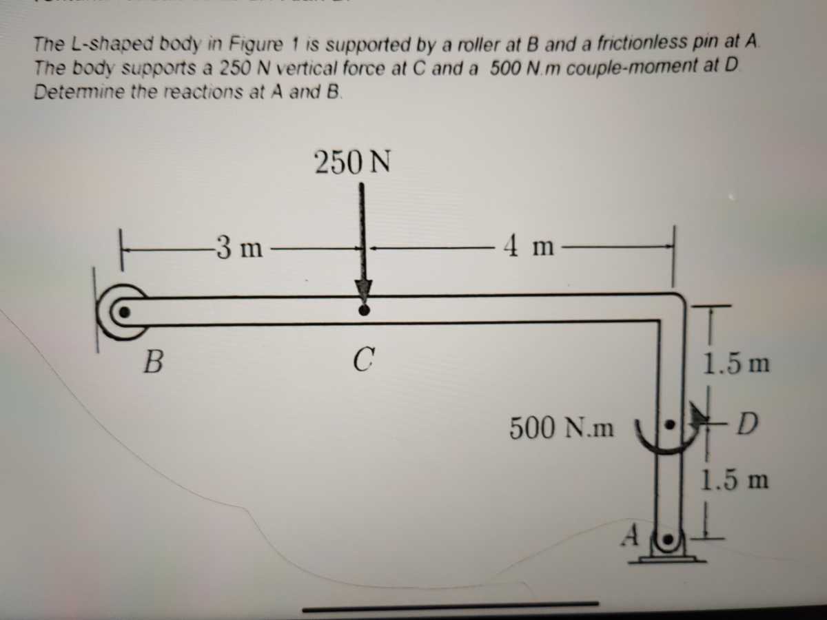 The L-shaped body in Figure 1 is supported by a roller at B and a ...