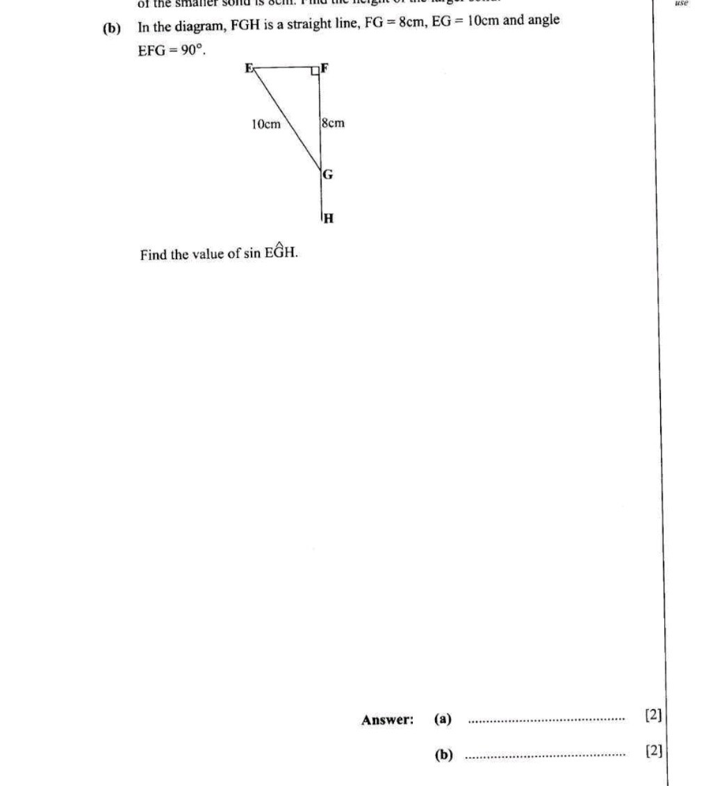 (b) In the diagram, FGH is a straight line, FG=8 cm, EG=10 cm and angle ...