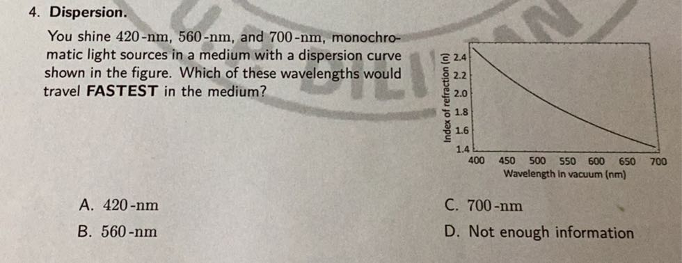 4. Dispersion. You shine 420-nm, 560-nm, and 700-nm, monochromatic light sources in a medium ...