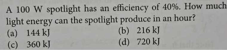A 100 W spotlight has an efficiency of 40 %. How much light...