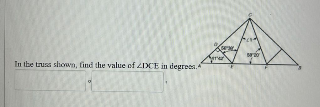 In the truss shown, find the value of ∠DCE in degrees. ^A