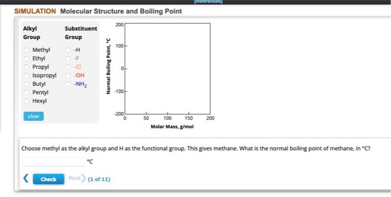 simulation molecular structure and boiling point choose methyl as the ...