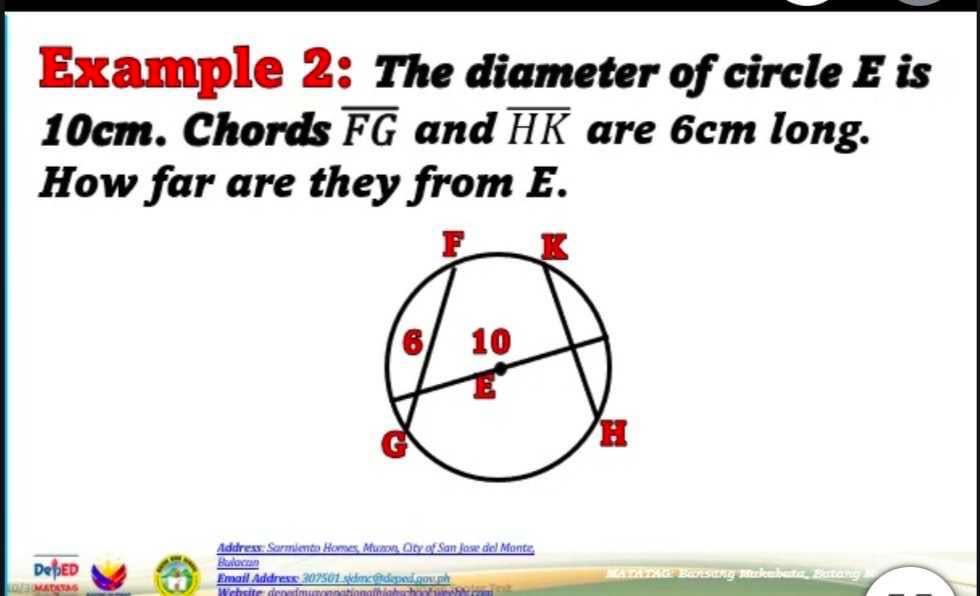 example 2 the diameter of circle e is 10 cm chords overlinef g and ...
