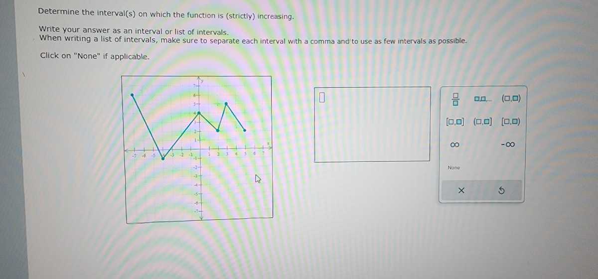 Determine the interval(s) on which the function is (strictly) increasing. Write your answer as ...