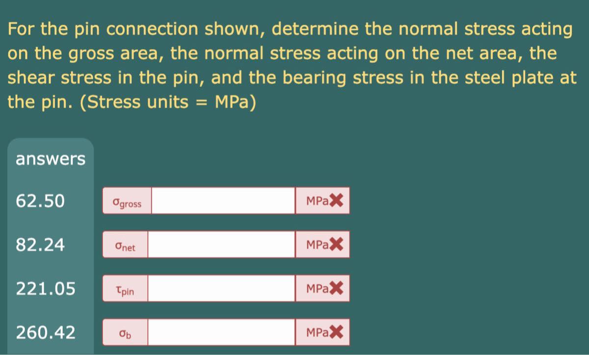 For the pin connection shown, determine the normal stress acting on the ...