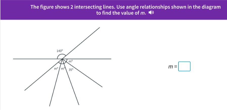 The figure shows 2 intersecting lines. Use angle relationships shown in the diagram to find the ...