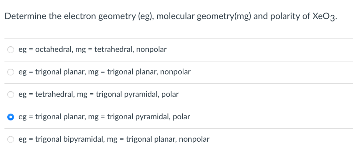 SOLVED: Determine the electron geometry (eg), molecular geometry(mg ...
