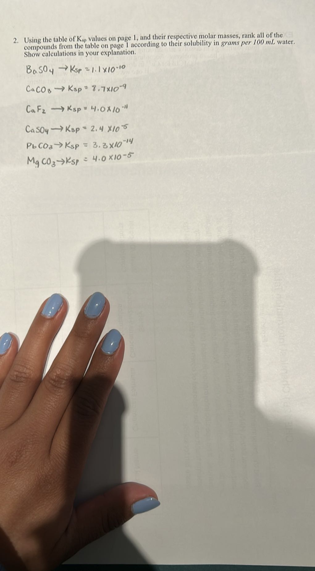 2. Using the table of Ksp values on page 1, and their respective molar ...