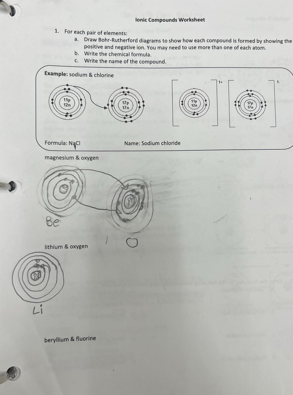 ionic compounds worksheet 1 for each pair of elements a draw bohr ...