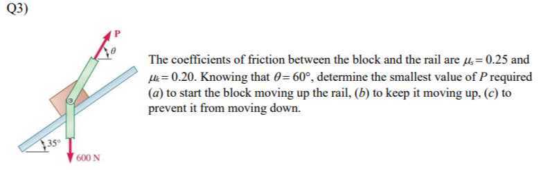 q3 the coefficients of friction between the block and the rail are mumathrms025 and muk020 ...