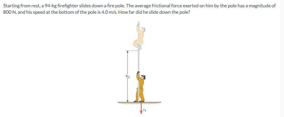 Starting from rest, a 94 -kg firefighter slides down a fire pole. The ...